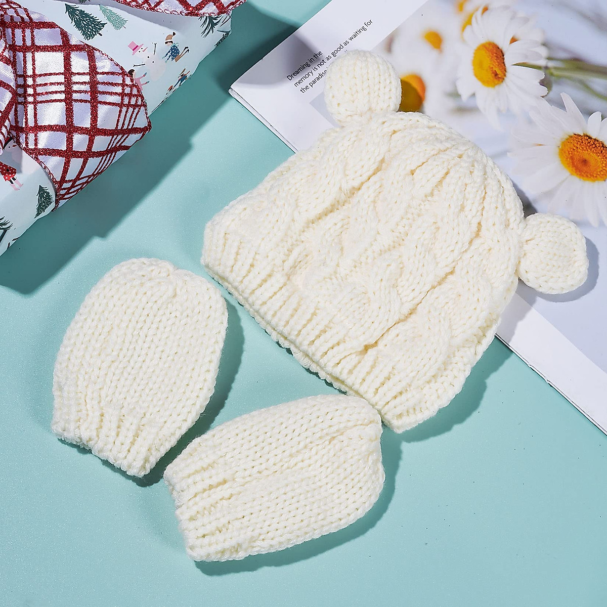 2 Set Newborn Winter Beanie Hats Gloves Kit for Baby Girls Boys Infant Toddler Warm Knitted Hats Glove Autumn Spring 3-6 Months (White & Pink)