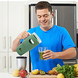 LAOION 32 OZ Glass Tumbler with Handle, Glass Water Bottles with Leakproof Bamboo Lid and Straw, Iced Coffee Cup with Silicone Sleeve and Time Marker, Fits in Cup Holder Spill Proof BPA Free,Sage