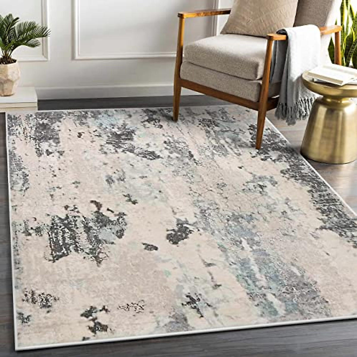 ASIinnsy Mordern Abstract Rug Distressed Faux Wool Non-Slip Area Rug for Living Room Bedroom Carpet Indoor Home Rug Floor Mat (Grey Beige/Green, 5.2' x6.5')