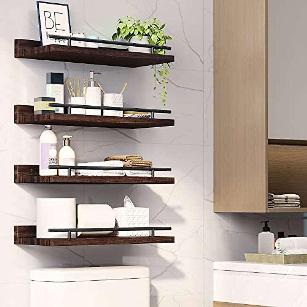 Fixwal Floating Shelves, Bathroom Wall Decor Set of 4, Rustic Farmhouse Wood Bathroom Wall Shelves for Bathroom, Living Room, Kitchen, Bedroom (Carbonized Black)