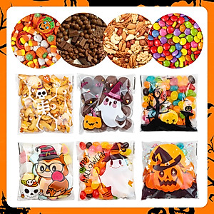 RICEDUO 200Pcs Halloween Candy Bags, Self-Adhesive Clear Cookie Treat Bags, Cellophane Plastic Gift Bags for Halloween Party Supplies, Homemade Crafts, and Snack Gift Packing (6 Styles)