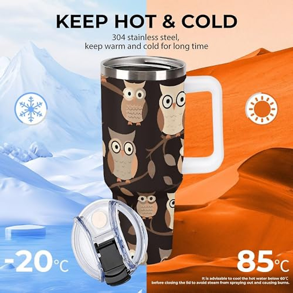 LLUTSNTH 40 Oz Vacuum Tumbler with White Handle Leakproof Insulated Tumbler Cute Brown Cartoon Owls Stainless Steel Travel Mug with Lid And Straw Coffee Cup Cute Water Bottles Cup Holder Friendly