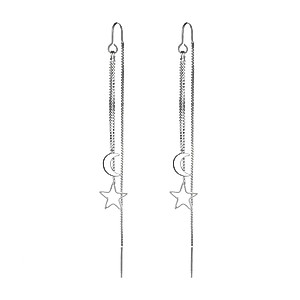 Tassel Moon Star Threader Drop Dangle Earrings for Women Cute Hollow Star Sterling Silver Plated Long Chain Hanging Earrings Minimalist Dangling Hypoallergenic Piercing Gifts Daughter Birthday