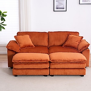 84.6'' Modular Sectional Sofa Cloud Couch for Living Room, Modern Corduroy Double Layer Upholstered Loveseat Sofa, Comfy Sleeper Sofa with Ottoman, 2 Pillows and Detachable Armrest, Orange