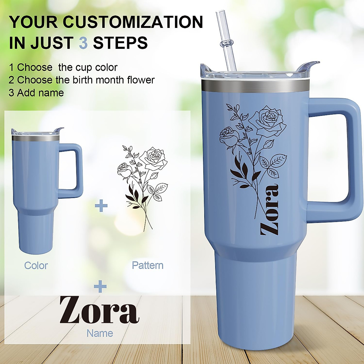 Personalized Gifts 40 Oz Tumbler with Handle and Straw Lid, with Names and Birth Flower Travel Coffee Mug, Custom Stainless Steel Double Walled Insulated Cup, Customized Gifts for Women Men Friend