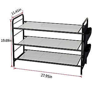 SORCEDAS Shoe Rack Organizer 3 Tier Free Standing Shoes Racks Small Metal Storage Shelf with Side Hanging Bag for Closet Entryway Hold 12 Pairs, Black
