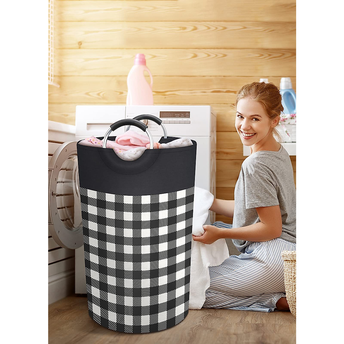 BlissTotes Large Laundry Basket Laundry Hamper Bag Washing Bin Clothes Bag Collapsible Tall With Handles Waterproof Travel Bathroom College Essentials Storage For College Dorm, Family (Black, L)