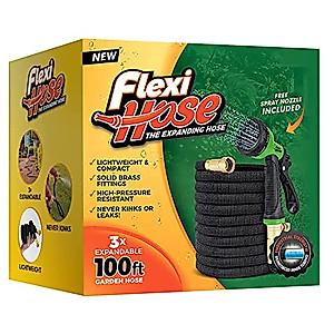 Flexi Hose with 8 Function Nozzle Expandable Garden Hose 100ft, Lightweight & No-Kink Flexible Garden Hose With Nozzle, 3/4 inch Solid Brass Fittings and Double Latex Core, 100 ft Black