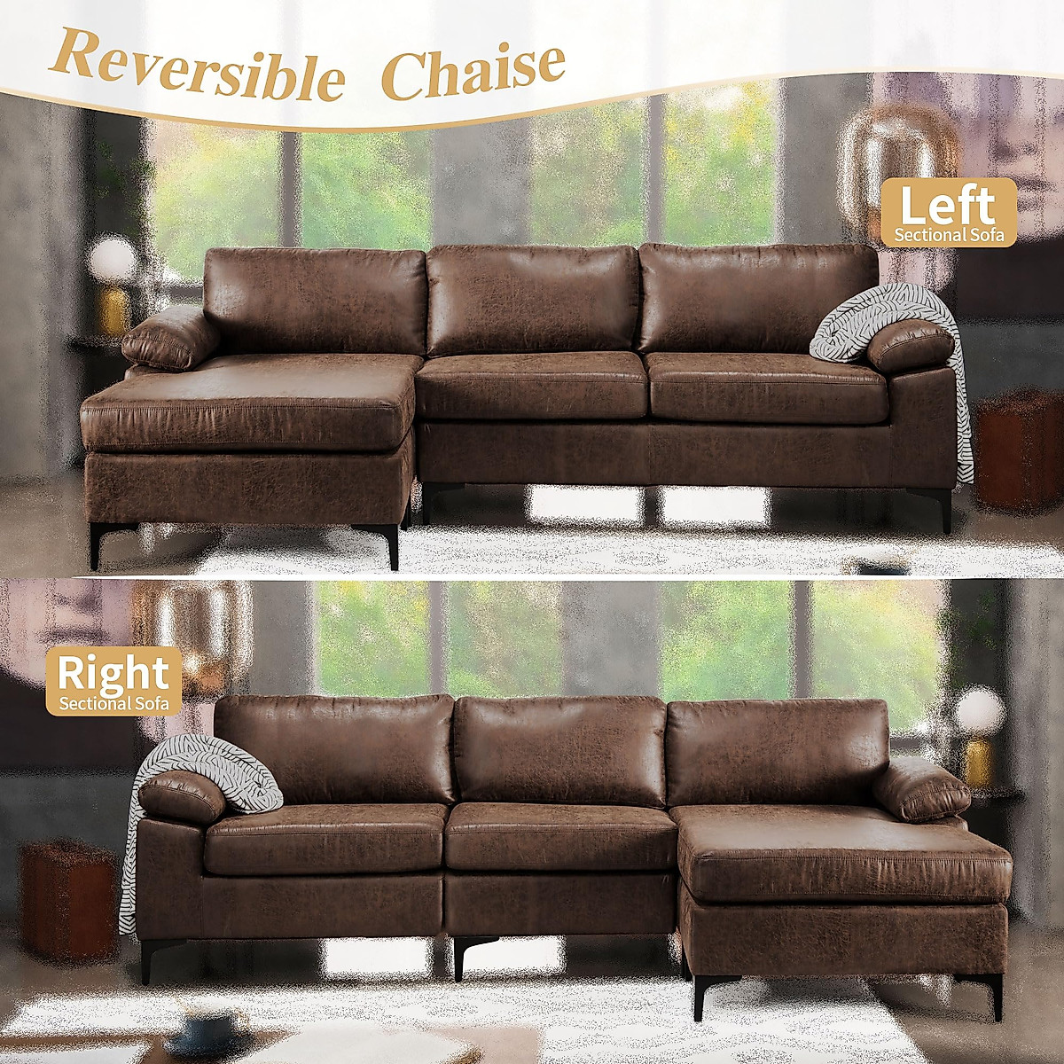 XIZZI 100" Mid Century Modern Sectional Sofa Couch,L Shaped Suede Fabric Couch for Living Room,Comfy 3 Seat Reversible Chaise Corner Couch for Apartment Office (Dark Brown)