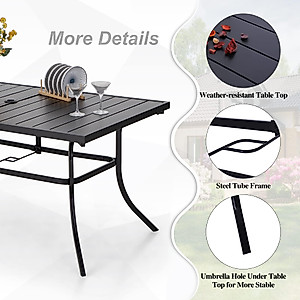 PHI VILLA 6-Person Outdoor Metal Steel Slat Dining Rectangle Table with Adjustable Umbrella Hole, Weather-Resistant for Patio Outdoor Use, Black