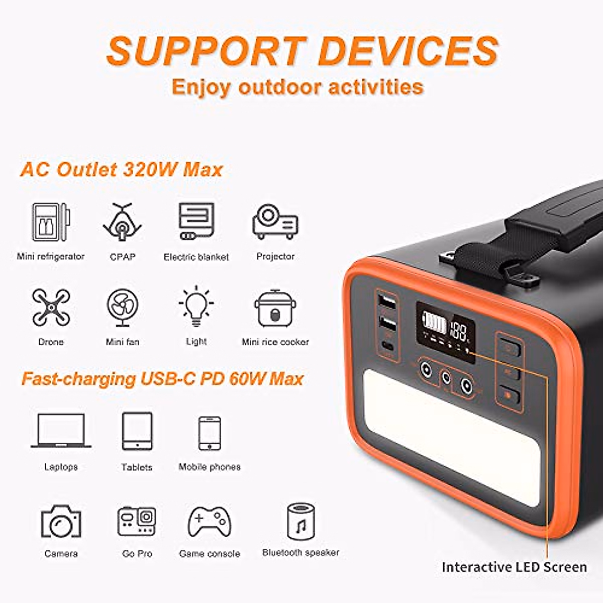 (US Shipping) NECESPOW Portable Power Station,322Wh/100800mAh Lifepo4 Battery Backup Supply Solar Generator,320W(Peak 600W) Pure Sine Wave, PD60W Output for Camping CPAP Outdoor RV Emergency