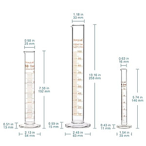 StonyLab Combo Pack Borosilicate Glass 10ml/50ml/100ml Heavy Wall Graduated Cylinder Measuring Cylinder (10ml/50ml/100ml)