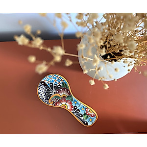 Colorful Ceramic Spoon Rest – Hand-Painted Large Talavera Kitchen Utensil Holder for Counter & Stove Top in Gift Box - Dishwasher Safe Lead Free Cooking Ladle Dish Mexican Style Cuchara Multicolor