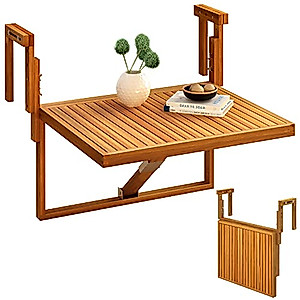 Interbuild Toronto Balcony Folding Deck Table, Outdoor Hanging Railing Bar Table, FSC Acacia Wood, 28 x 23 Inches, Adjustable, Golden Teak