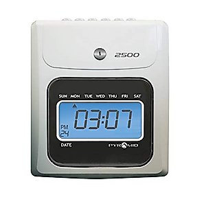 Pyramid Time Systems 2500K1 Bundle, Includes Model 2500 Auto Aligning and Top Loading Time Clock, 100 time Cards, Two Ink Ribbon cartridges, one 10 Slot time Card Rack and Two Security Keys