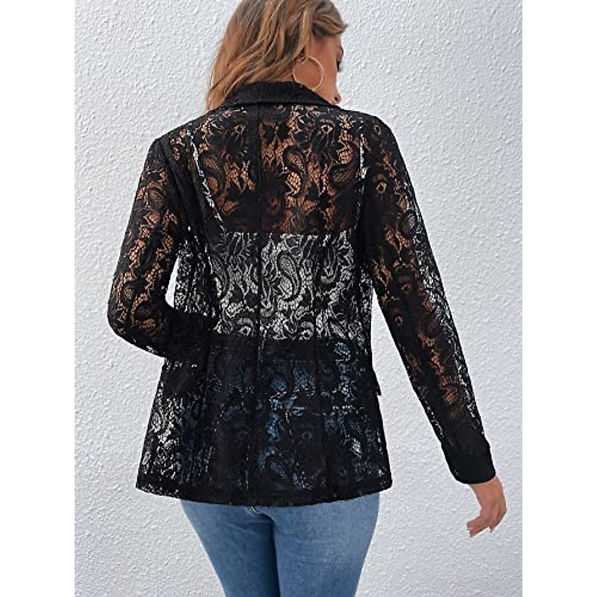 WDIRARA Women's Lace Open Front Long Sleeve Sheer Elegant Casual Blazer Jacket Black S