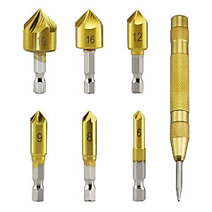 Countersink Drill Bit Set 6 Pcs 5 Flute Counter Sinker Drill Bits and 90 Degree Center Punch Tools HSS 1/4" Hex Shank for Wood Metal Quick Change 6-19mm (7)