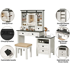 ANWBROAD Farmhouse Makeup Vanity Desk with Sliding Mirror and Lights Antique White Makeup Vanity Table Set with Charging Station Nightstand 3 Colors Lights Storage Shelves Cushioned Stool UBDT56W01