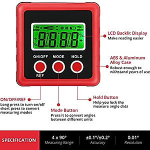 JUSTOOL Digital Angle Gauge Digital Inclinometer Level Box LCD Backlight Angle Finder Tool with Data Hold and Magnet Base Backlight for Carpentry, Building, Masonry, and Automobile