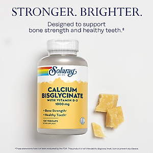 Solaray Calcium Bisglycinate 1000mg with Vitamin D-3, Chelated Calcium Supplement for Bone Strength and Healthy Teeth Support, Enhanced Absorption and Easy to Digest, 30 Servings, 120 VegCaps