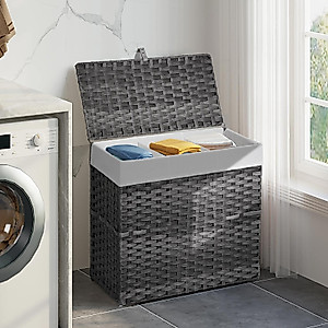 Greenstell Laundry Hamper with Lid, 125L Large Clothes Hamper with 3 Section & 2 Section Removable Liner Bags & 5 Mesh Laundry Bags, Handwoven Synthetic Rattan Divided Laundry Basket, Gray