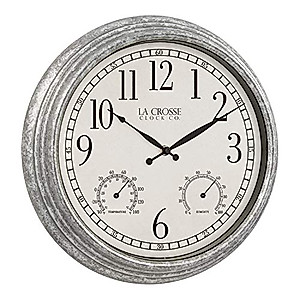 La Crosse 433-3236 14-inch Silas Indoor/Outdoor Galvanized Analog Quartz Wall Clock, Silver