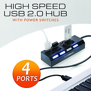 Xtreme 4-Port USB Hub, 4 Individual LED Power Switches, Works With Laptops/Desktops, Supports All USB Devices: Wireless Mice, Smartphones, Tablets, Plug and Play Installation