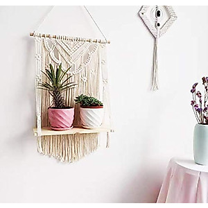 BLUETTEK Macrame Wall Hanging Shelf, Wood Hanging Shelf Organizer Hanger, Handmade Cotton Rope Bohomia Woven Home Wall Decor (Flower)