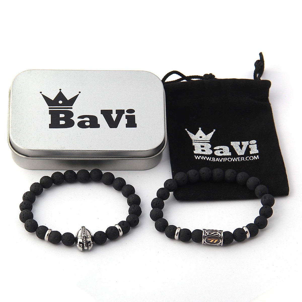 BAVIPOWER Set Rune Bead Bracelet and Viking Warrior Helmet Lava Rock Volcanic Stone Bead Elastic Adjustable Bracelet Bangle (Black)