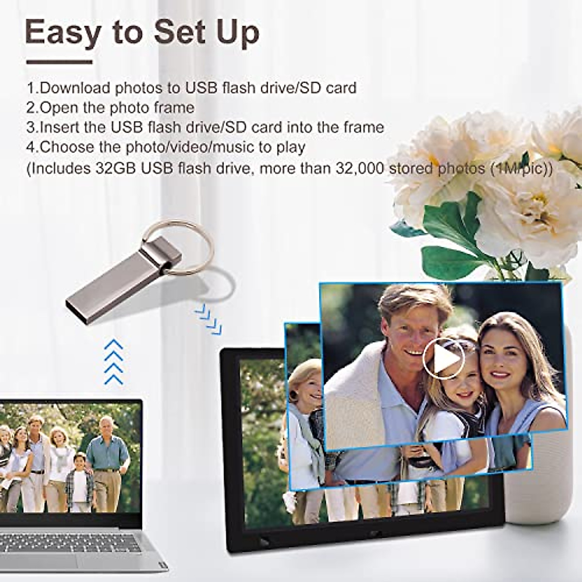 10.1 Inch Digital Picture Frame with 32GB USB Flash Drive, KECAG 1920x1080 HD IPS Screen Digital Photo Frame, Motion Sensor, Video, Music, Share Moments via SD Card or USB, with Remote Control, Black