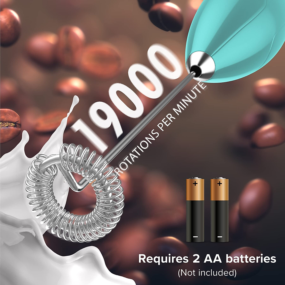 PowerLix Milk Frother No Stand Handheld Battery Operated Electric Foam Maker For Coffee, Latte, Cappuccino, Hot Chocolate, Durable Mini Drink Mixer With Stainless Steel Whisk (Aqua)