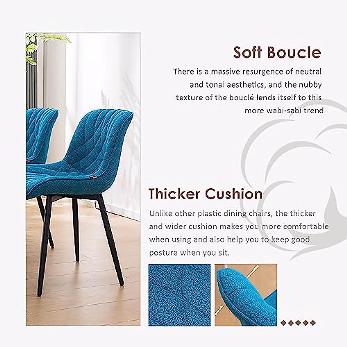 YOUNUOKE Comfortable Dining Chairs Set of 2, Mid-Century Modern Kitchen Dining Room Chairs, Upholstered Backrest Boucle Dining Chair with Black Metal, Teal