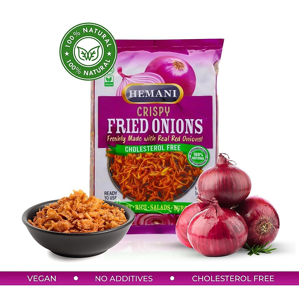 HEMANI Crispy Red Fried Onions 14.1 OZ (400g) - MSG Free French Fried Onions - Made with Real Red Onions - Perfect Crispy Onions for Cooking and Salad Topping