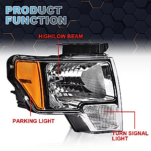 PIT66 LED Headlight Compatible with 09-14 Ford F150 2009-2014, Left and Right Driver & Passenger (Basic Style, Clear Lens Chrome Housing Amber Reflector)
