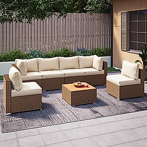 LAUSAINT HOME Outdoor Patio Furniture, 7 Piece Patio Furniture Set PE Rattan Sectional Conversation Sets with Thick Cushions & Wood-Like Coffee Table for Garden, Porch(Beige/Brown Wicker)