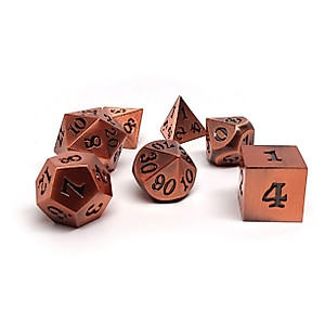 Legendary Copper Metal Polyhedral Dice Set with Black Signature Font - 7 Piece Collection