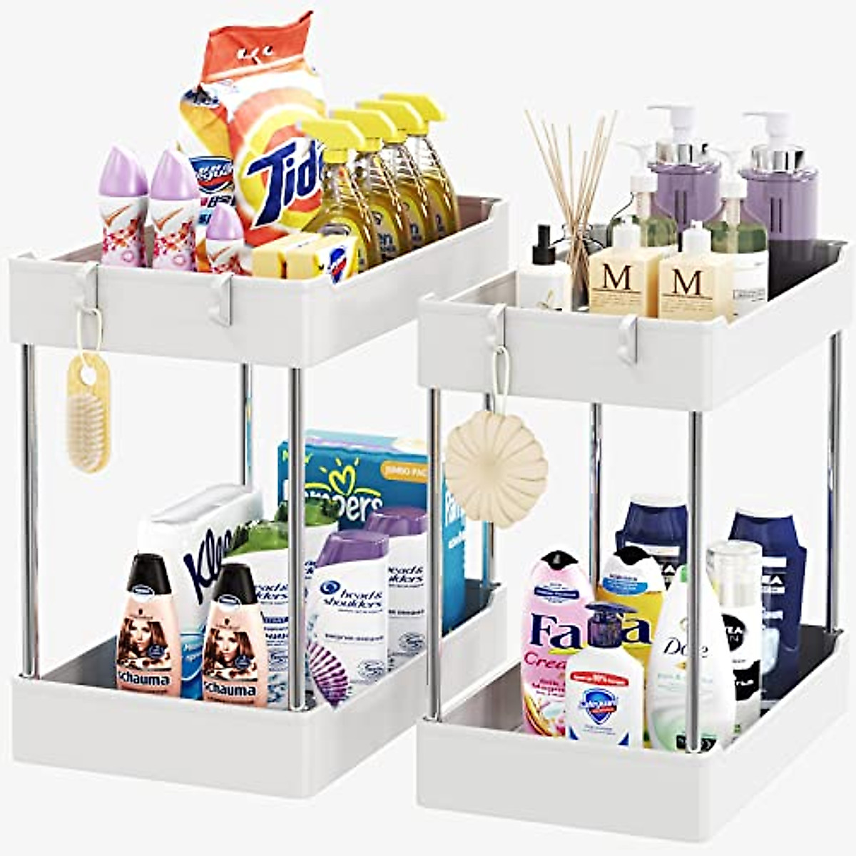 Tailide Under Sink Organizer, 2 Tier Bathroom Cabinet Organizer, Under Bathroom Sink Organizers and Storage, Under Kitchen Sink Organizers and Storage, Cleaning Supplies Organizer, White, 2 Pack