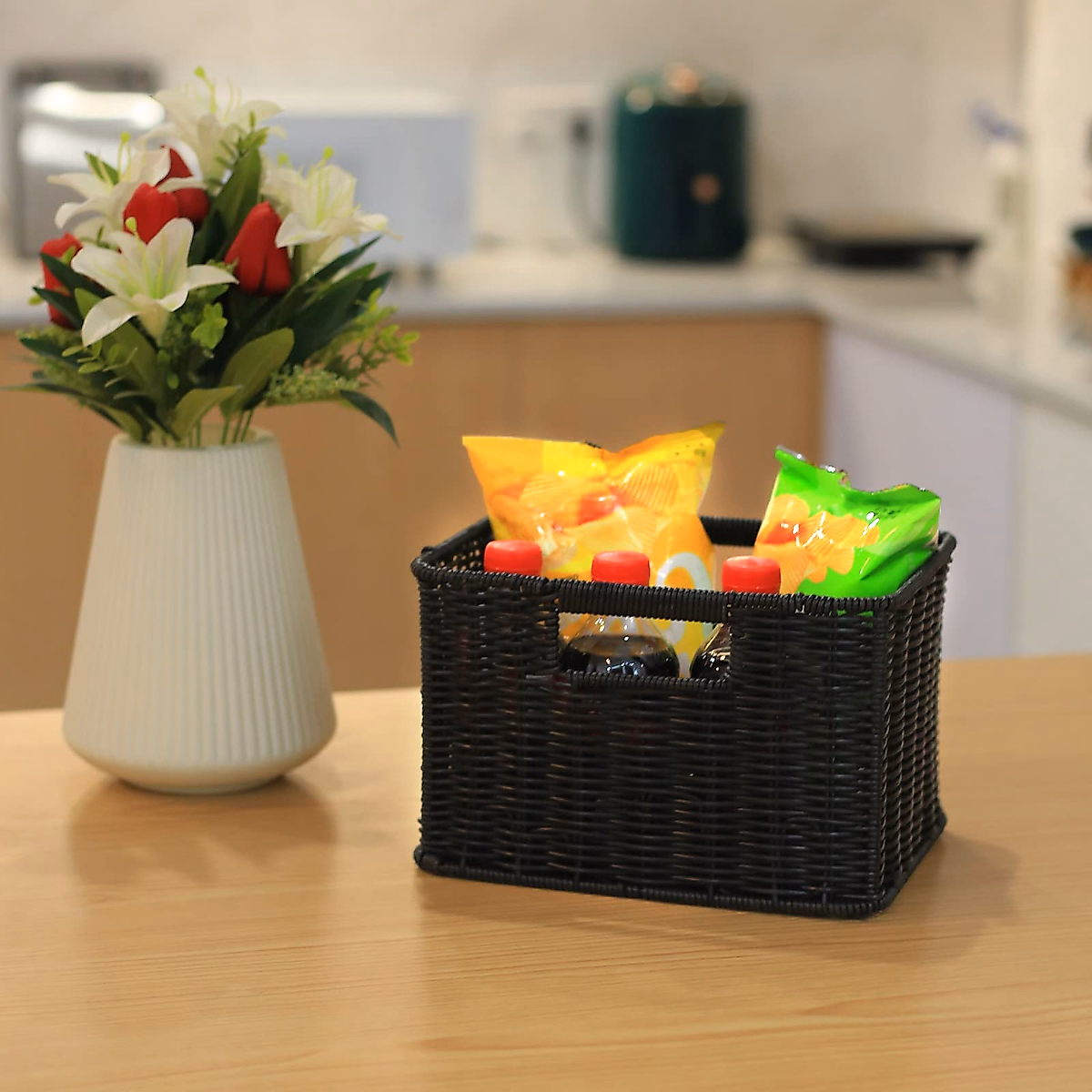 HOONEX Large Wicker Baskets for Storage, Woven Plastic Baskets for Organizing with Dual Handles, Baskets for Storage, Set of 3, Black