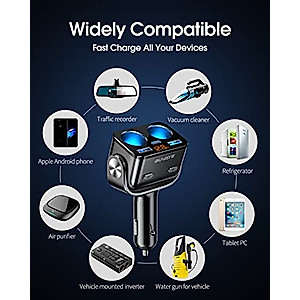 USB C Car Charger, BUVAYE 2-Socket Cigarette Lighter Splitter with 12V/24V Dual PD30W & QC3.0 Fast Charging, Cigarette Lighter Adapter Separate Switch LED Voltage Display for Phone, GPS, Dash Cam