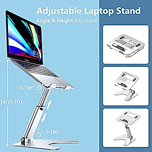 ROTTAY Collapsible Laptop Stand, Adjustable Height up to 16", Ergonomic Laptop Riser with 2 Angle Adjustment Buttons, Aluminum Laptop Holder Computer Stand Fits MacBook, Laptops Tablets 10-16", Silver