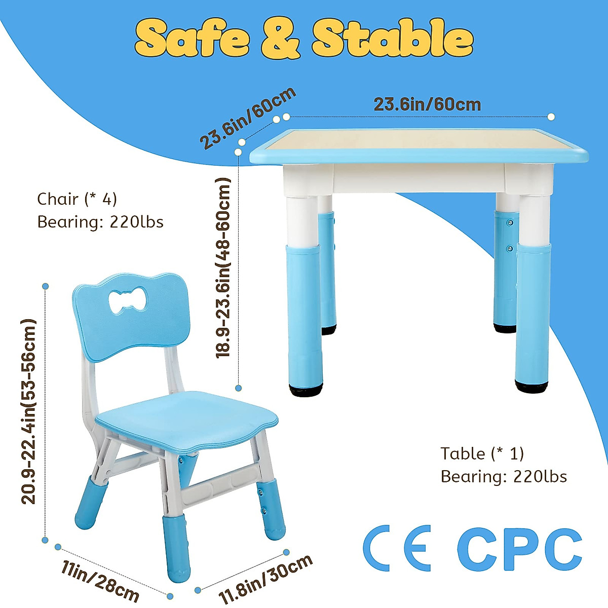 FUNLIO Kids Table and 2 Chairs Set, Height Adjustable Toddler Table and Chair Set for Ages 3-8, Easy to Wipe Arts & Crafts Table, for Classrooms/Daycares/Homes, CPC & CE Approved (3pcs Set) - Blue