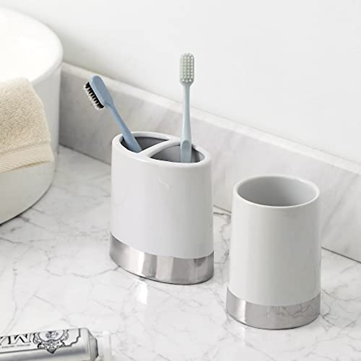 Motifeur Bathroom Accessories Set, 5-Piece Ceramic Bath Accessory Complete Set with Lotion Dispenser/Soap Pump, Cotton Jar, Soap Dish, Tumbler and Toothbrush Holder (White and Silver)