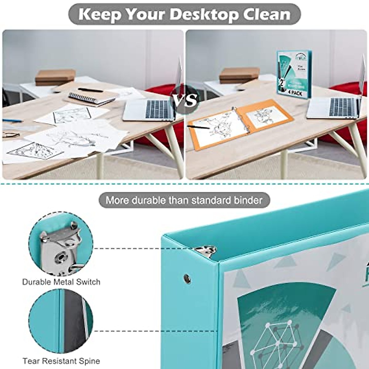 2 Inch 3 Ring Binder, HYUNLAI 2'' Round-Ring View Presentation View Binders, Holds Up to 8.5"11" Paper,Customizable Clear Cover,for Home,Office,and School Supply,4 Pack