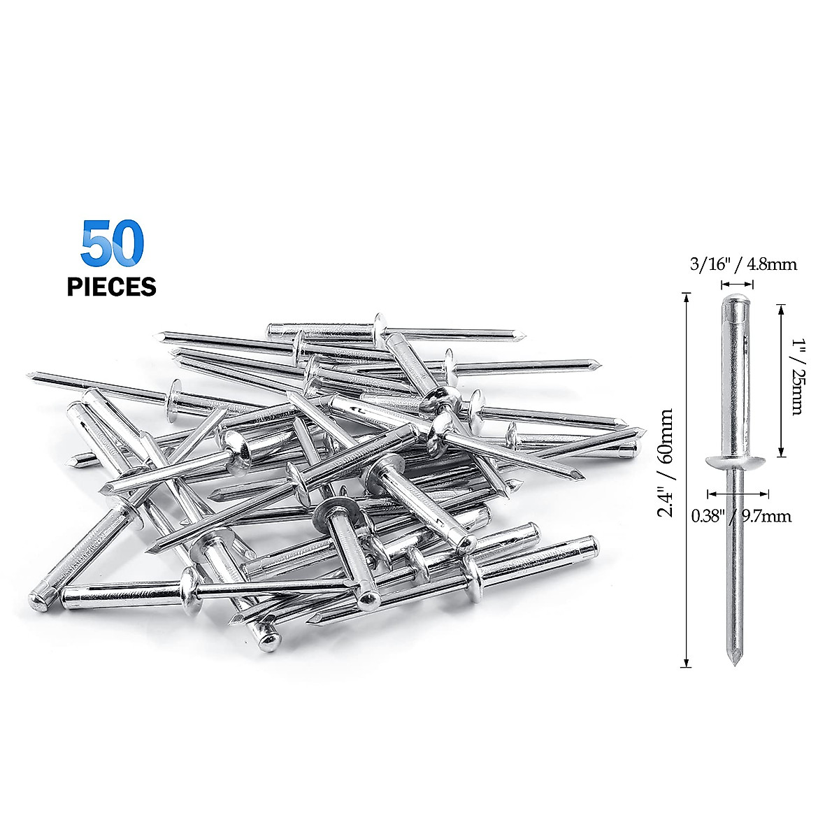 Jersvimc 3/16" x 1" Trifold Exploding Pop Rivets, Solid Aluminum Tri Grip Rivets Bulb Style Rivets Large Flange Rivets Big Headed Rivets for Kayak Marine Boat - 50Pcs