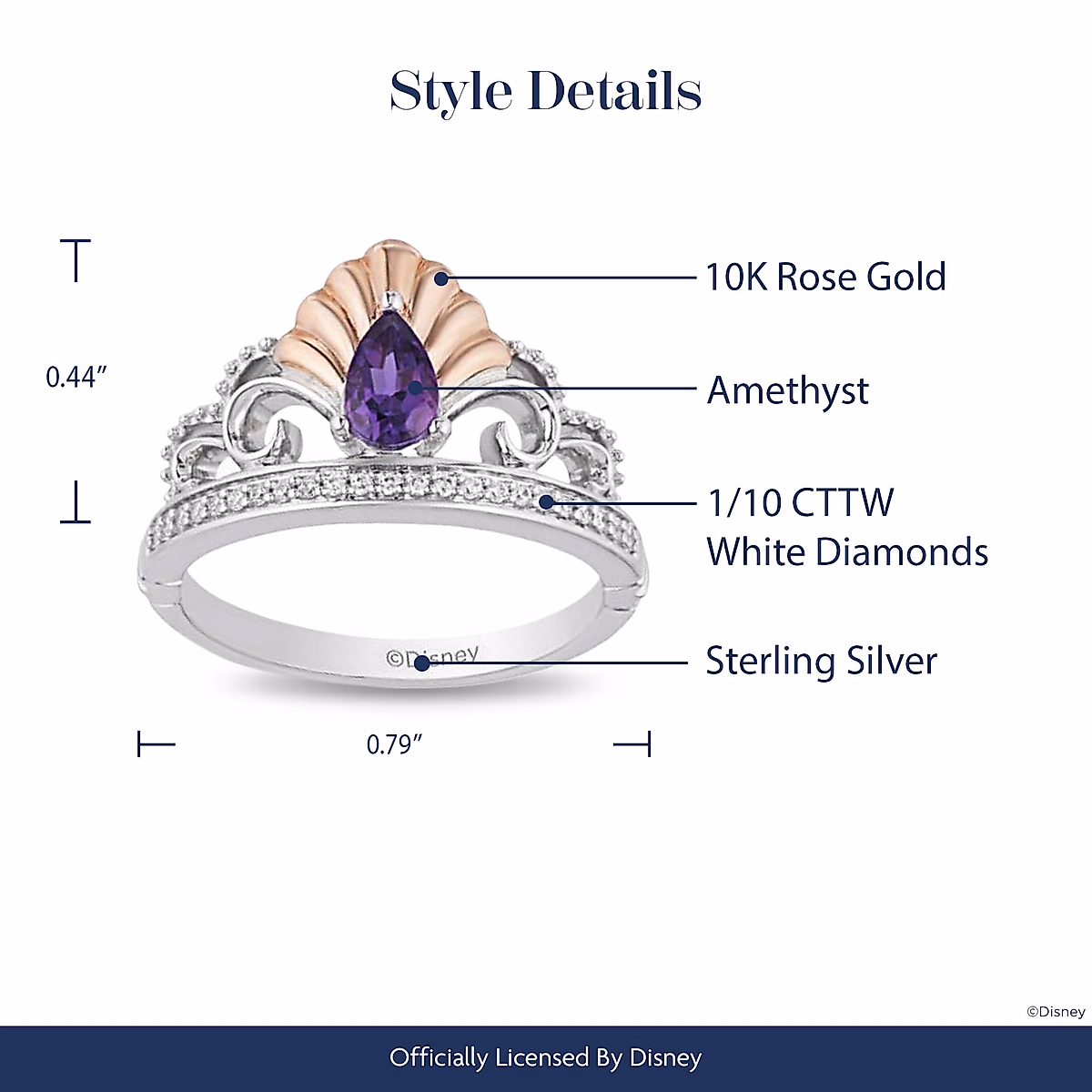 Jewelili Enchanted Disney Fine Jewelry Sterling Silver and 10K Rose Gold with 1/10cttw Diamonds and Amethyst Ariel Shell Tiara Ring, Size 9
