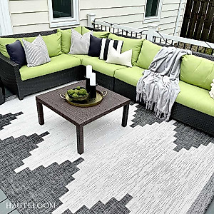 Hauteloom Djugun Living Room, Bedroom Patio Outdoor Area Rug - Contemporary - Black,Charcoal,Off White - 6'7" x 9'