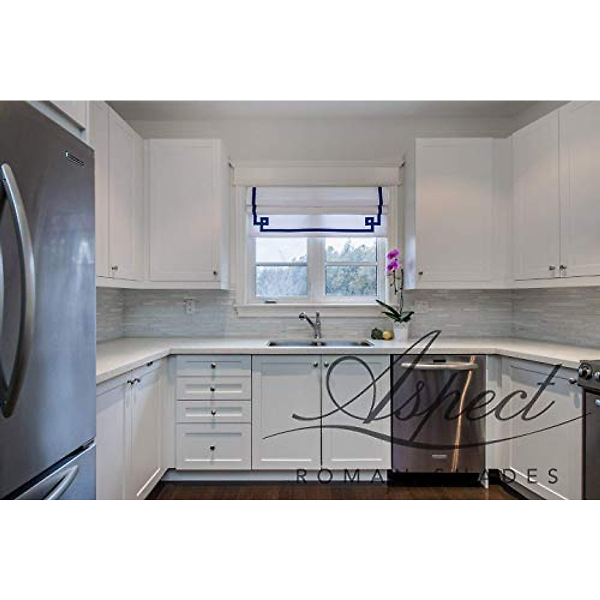 LOGANOVA Custom Flat Roman Shade with white background and navy blue Greek key border. Premium lining and chain mechanism.