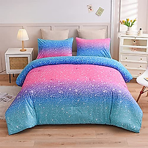 Holawakaka Kids Space Star Glitter Comforter Set Ombre Pink & Blue Print Gradient Bedding Set Twin Size (Pink Blue, Twin)