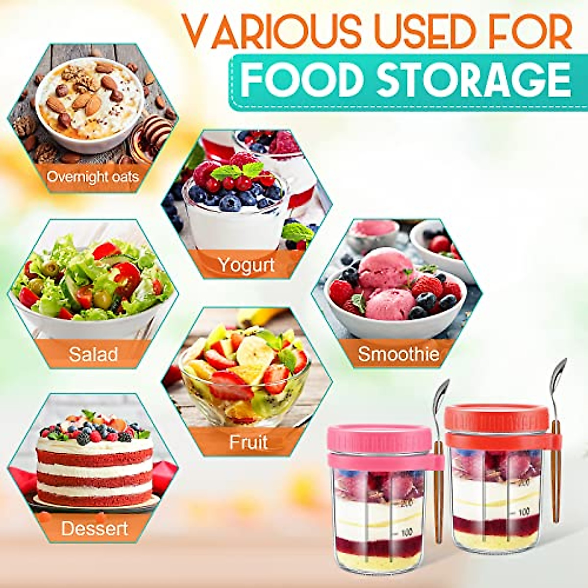 12 Pcs Overnight Oats Jars with Lid and Spoon, 12 oz Large Capacity Airtight Oatmeal Container Bulk with Measurement Marks, Mason Jars with Lid for Cereal on the Go Container