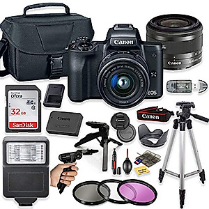 Canon EOS M50 Mirrorless Digital Camera (Black) with 15-45mm STM Lens + Deluxe Accessory Bundle Including Sandisk 32GB Card, Canon Case, Flash, Tripod, 50" Tripod, Filters and More. (Renewed)